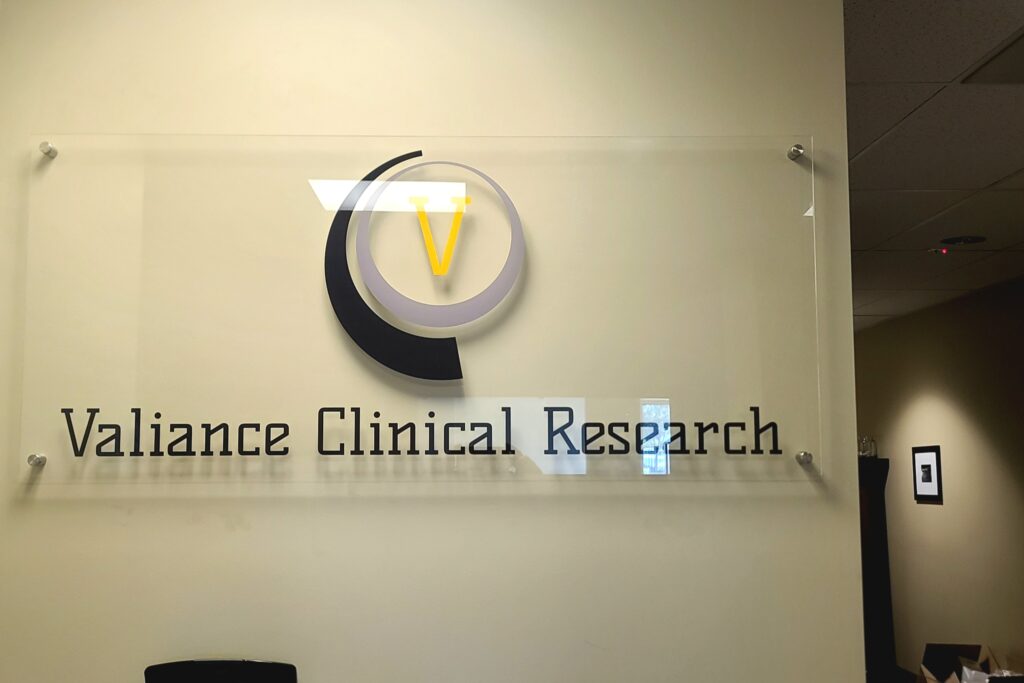 Valiance Clinical Research lobby signs for South Gate – Premium Solutions