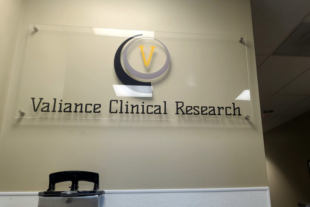 Valiance Clinical Research lobby signs for South Gate – Premium Solutions